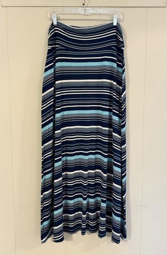 Merona Womens Maxi Skirt Long Stretch Blue White Stripes Pull On Plus ...