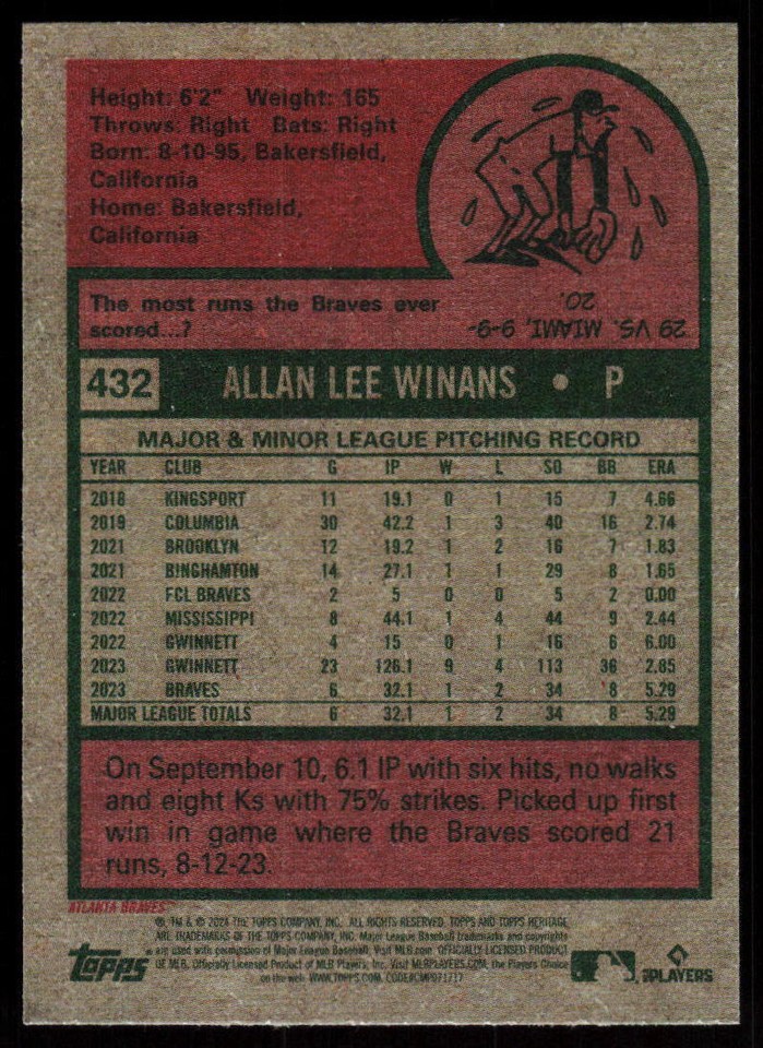 2024 TOPPS HERITAGE ALLAN WINANS #432 Baseball Rookie BRAVES RC | eBay
