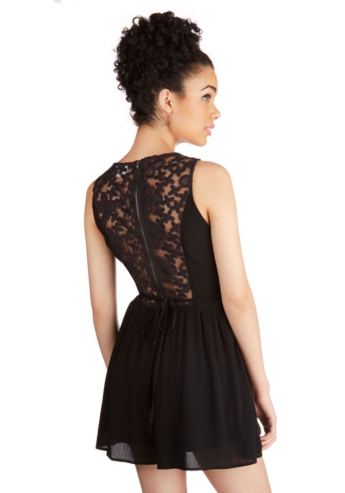 Modcloth Get Your Chic On Black Romper Lace Back Sz. L Moon Collection ...