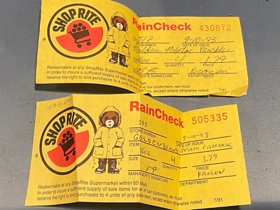2 Shoprite (Old Logo) Raincheck Tickets 1993 *Pre-Owned/Nice* BT2 | eBay