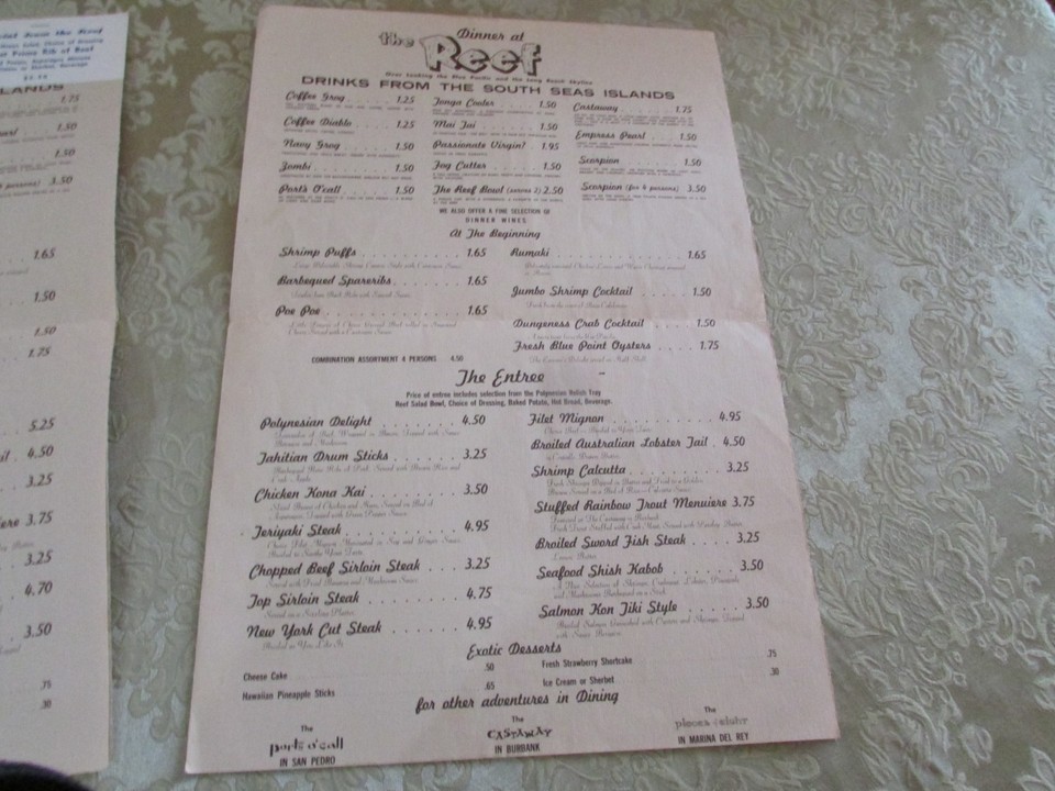 1960s Vintage Menus (2) THE REEF Restaurant Long Beach Harbor Port CA ...