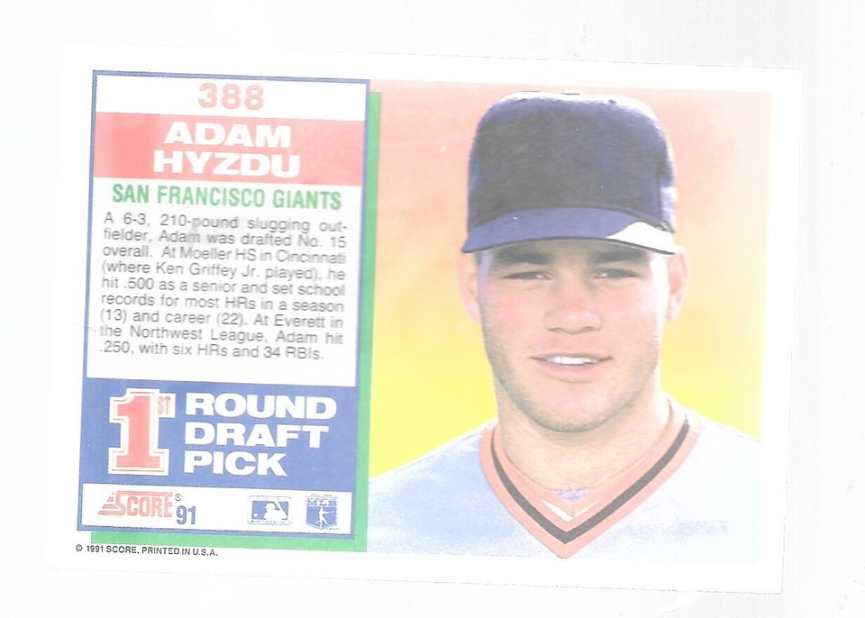 1991 Score Adam Hyzdu 388 Draft Pick San Francisco Giants Baseball Card ...