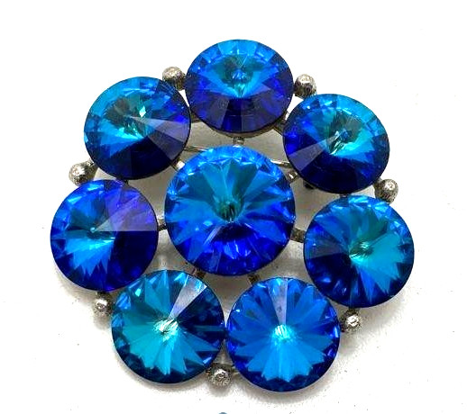 Weiss Blue Rivoli Rhinestone Brooch Inverted Stones P… - Gem