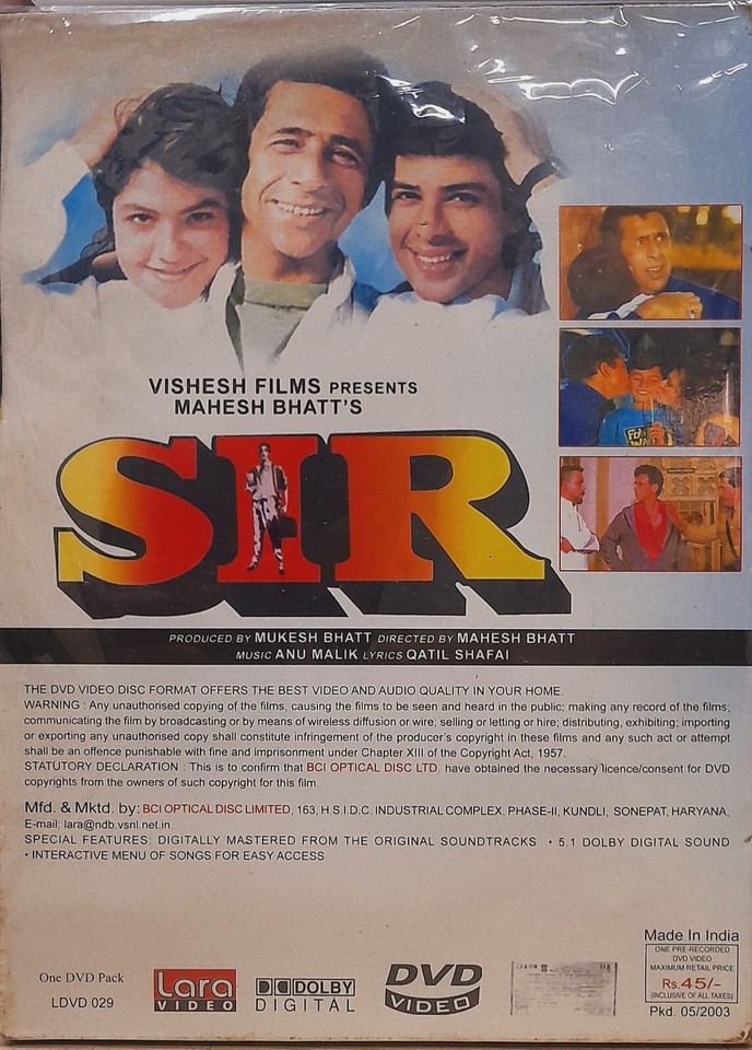 Sir - Naserrudin Shah, Pooja Bhatt - Bollywood Hindi Movie DVD (No ...