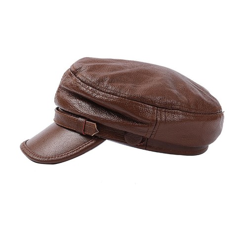 Real Leather Hat Cowhide Casual Hats For Men beret Flat Warm Biker ...
