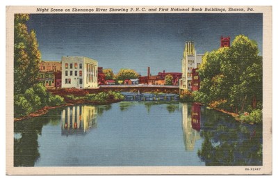 Vtg Night Scene Shenango River PHC & First National Bank Sharon PA ...