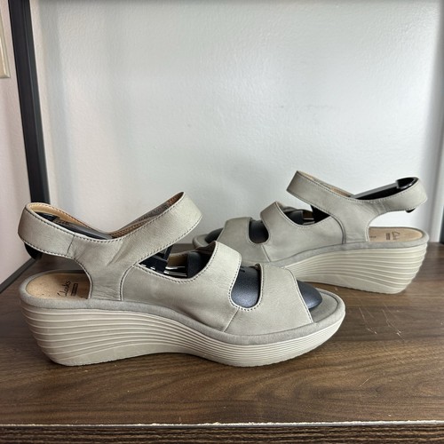 Clarks Reedly Juno Taupe Leather Wedge Sandals Sz 9.5 | eBay