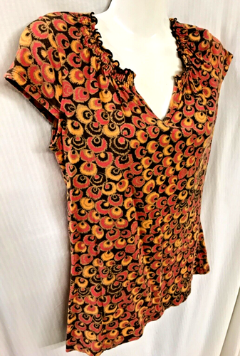 Vtg APOSTROPHE stretch cotton multicolor top blouse cap sleeve ruched V ...