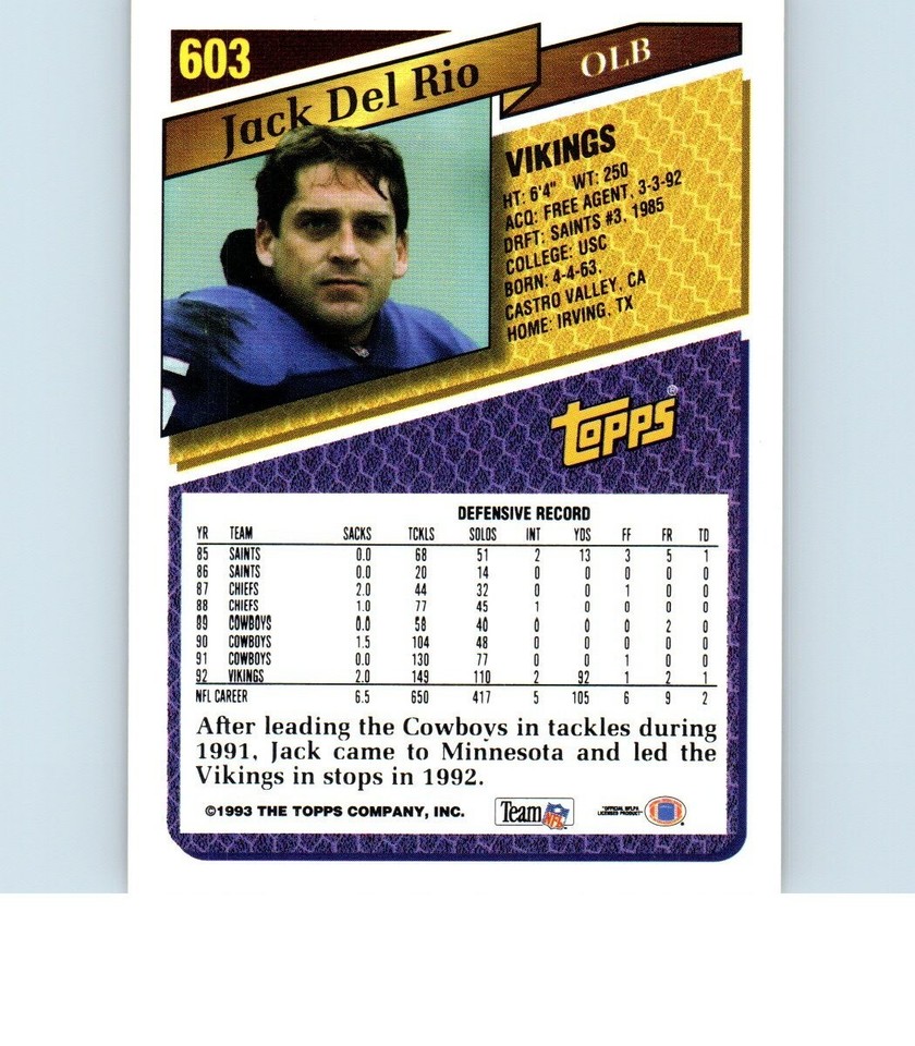 Jack Del Rio 603 Vikings 1993 Topps NFL Football Trading Card | eBay