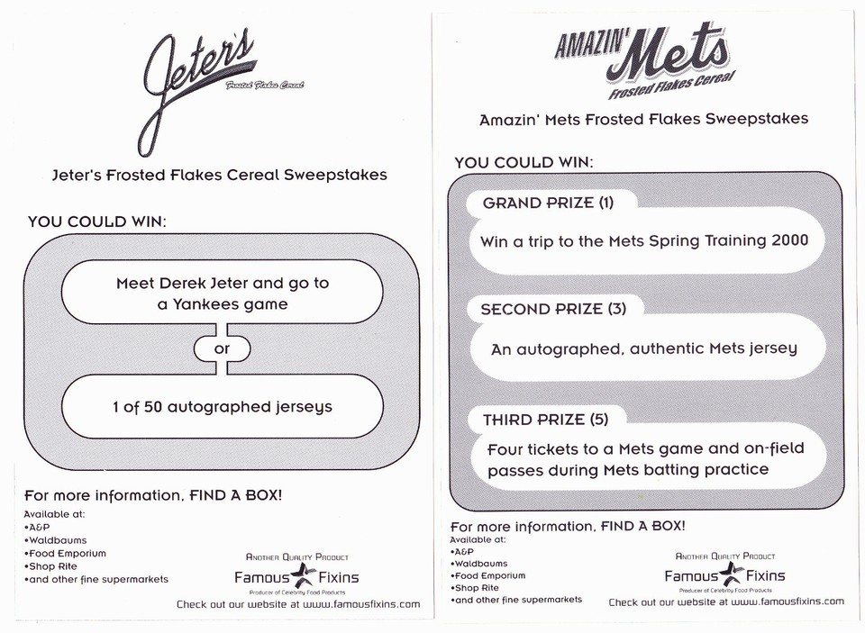 DEREK JETER'S & AMAZIN' METS FROSTED FLAKES CEREAL ADVERTISEMENT CARDS ...