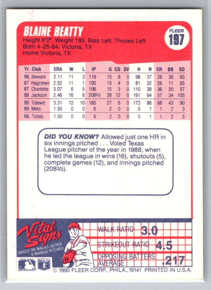 Blaine Beatty 1990 Fleer BASEBALL #197 New York Mets RC | eBay
