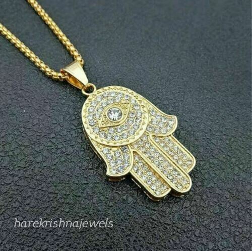 2.55CT Lab Created Round Cut Diamond Hamsa Hand Pendant 14K Yellow Gold ...