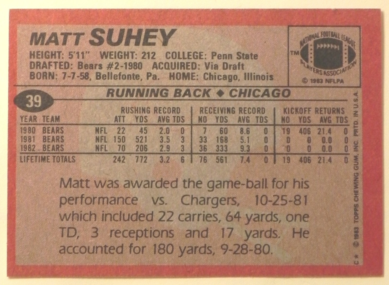 Matt Suhey 1983 Topps Card #29 _ LOW MAILING COST _ CHICAGO BEARS | eBay
