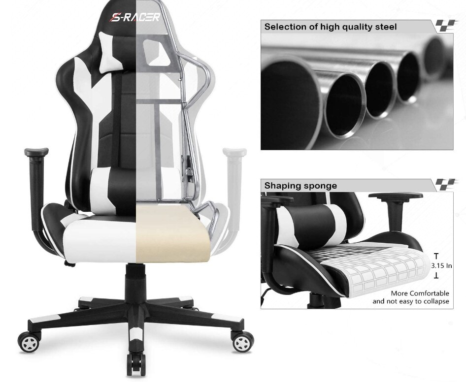 BRAND NEW, S-Racer Gaming Chair, LEATHER Black/White,HEADREST AND ...