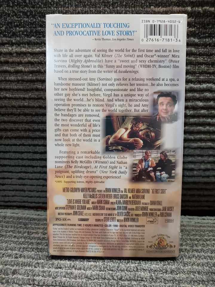 At First Sight (VHS, 199, MGM) Val Kilmer/Mira Sorvino/Kelly McGillis ...