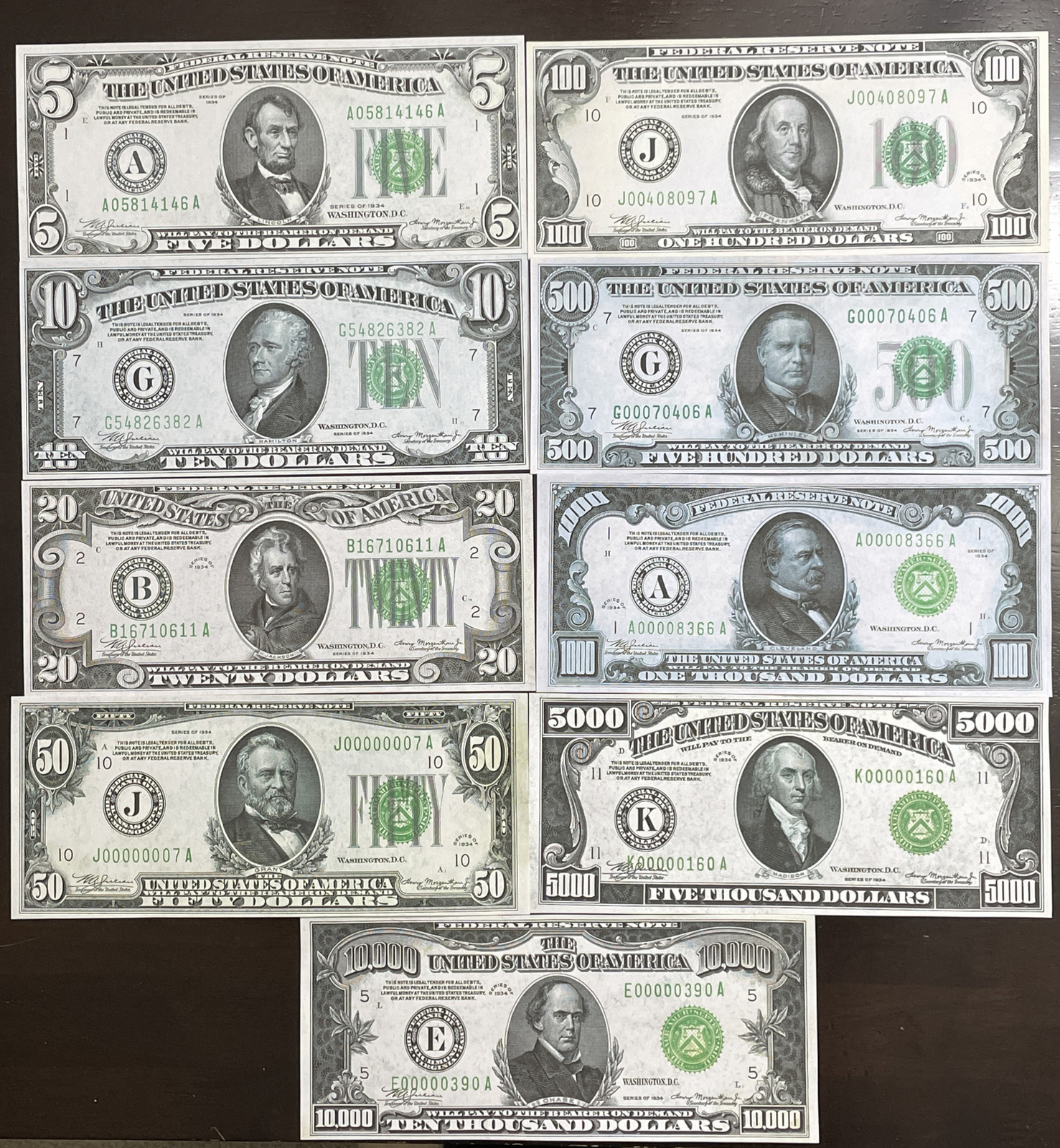 Reproduction 1934 Federal Reserve Note Set $5 -$10,000 Complete Set See ...