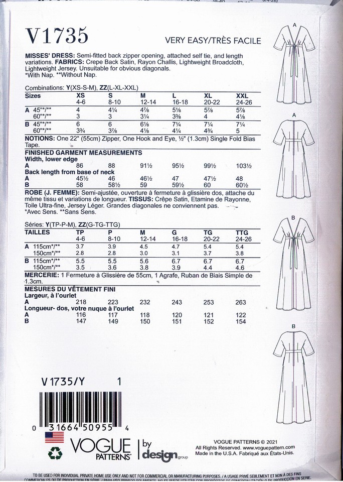 Vogue 1735 Caftan Kimono Style Dress Sewing Pattern Deep VNeck Very ...