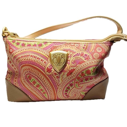 Blaine Trump Paisley Print Handbag Leather Trim Gold Emblem Shoulder ...