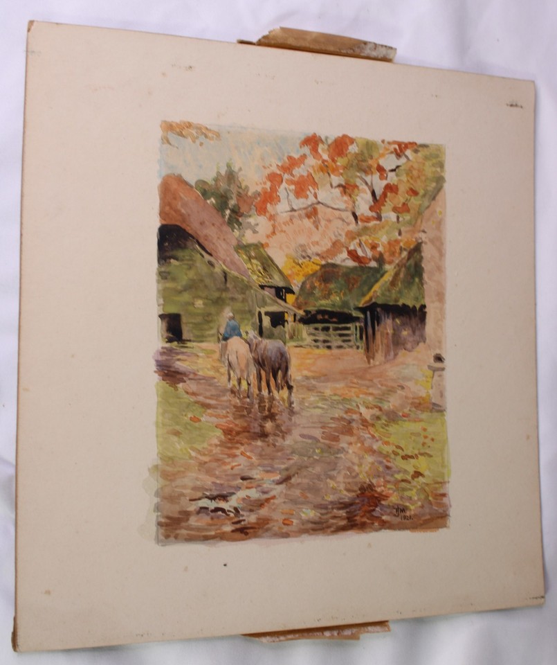 1921 ANTIQUE J MULLER SIGNED WATERCOLOR PAINTING IMPRESSIONIST FARM ...