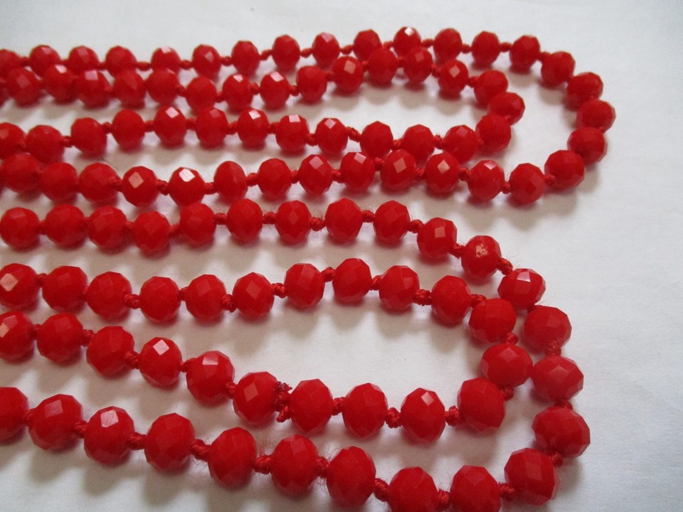 Antique Continues 60 Inch Long Hand Knotted Red Crystal Glass Beaded ...