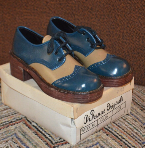 NOS Vintage 1970's DiRenzo Blue Wingtip Thick Heel Disco Shoes Boys ...
