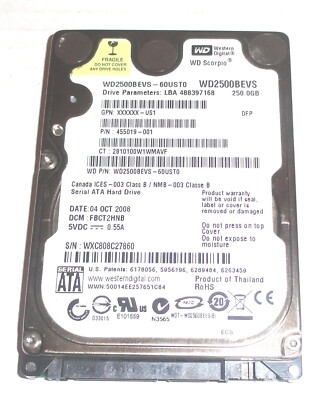 Western Digital WD2500BEVS-60UST0 250GB Sata Hard Drive DCM: FBCT2HNB ...