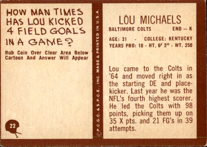 Lou Michaels 1967 Philadelphia #22 Signed Football Card Baltimore Colts ...