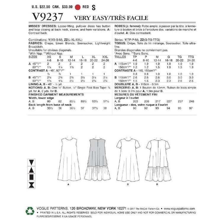 Vogue Sewing Pattern 9237 Misses 4-14 Easy Loose Pullover Swing Dress ...