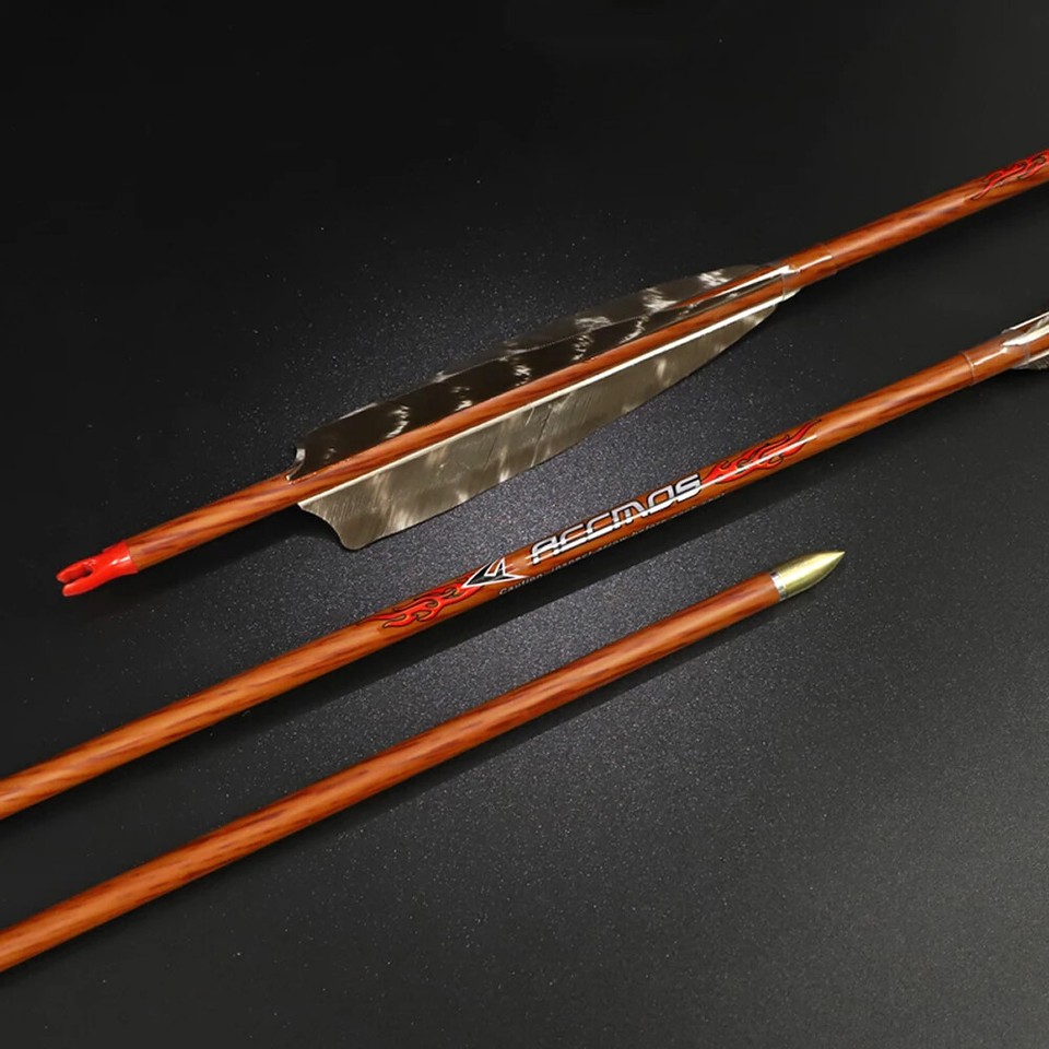 6/12pc 32 Inch Wood Skin Carbon Arrows with 5" Real Feather for Longbow ...