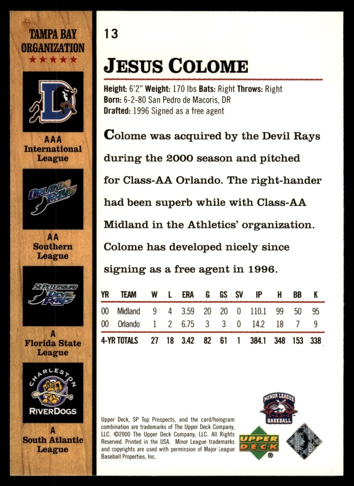 2001 SP Top Prospects Jesus Colome #13 Orlando Sun Rays Baseball Card ...