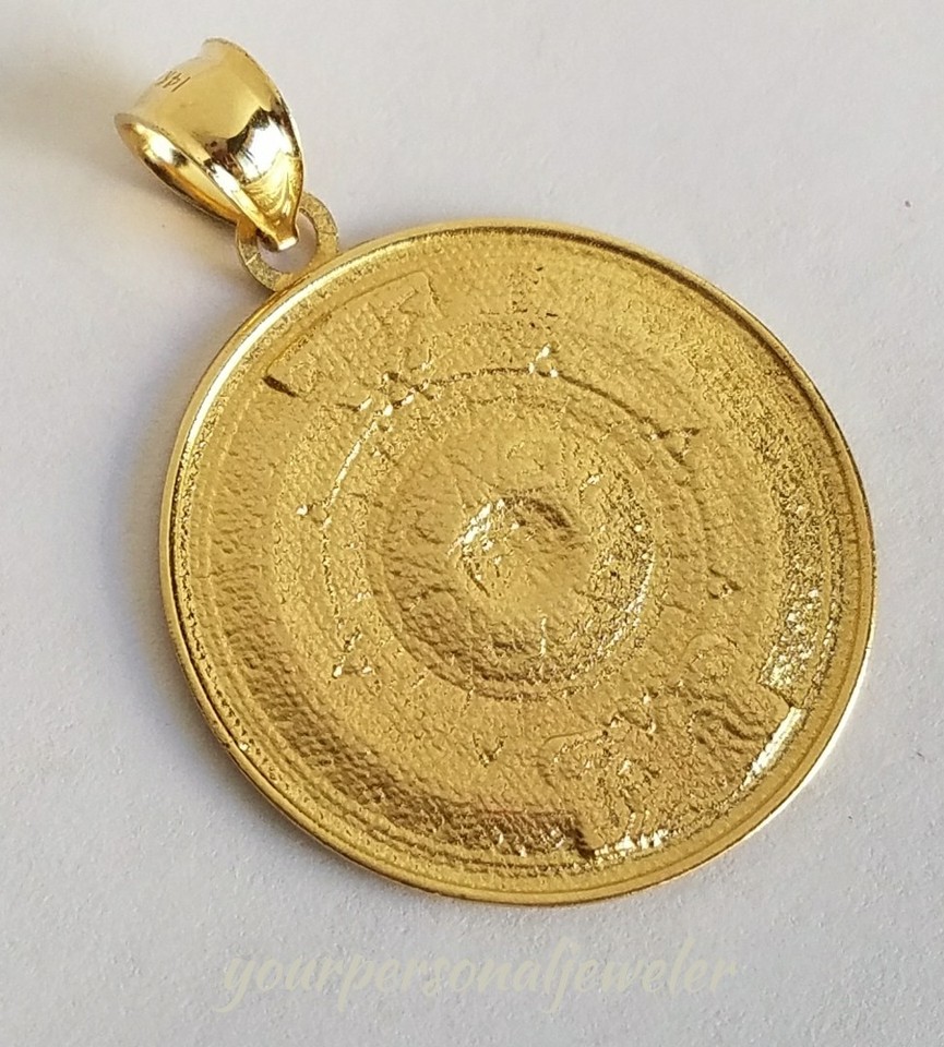 Solid 14k Yellow Gold Aztec sun calendar Pendant Charm 1.40 inch long ...