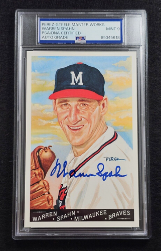 WARREN SPAHN Signed Perez Steele Postcard-HOF-MILWAUKEE BRAVES-PSA 9 ...