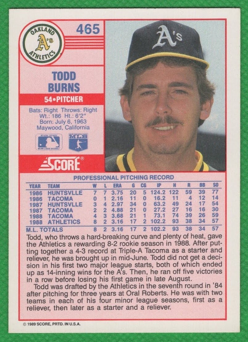 1989 Score - #465 Todd Burns for sale online | eBay