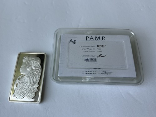 PAMP SUISSE Lady Fortuna 100 Gram .999 Fine Silver Bar with assay card ...