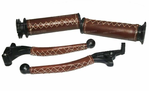 Leather covered 7/8" Handlebar Grip & Lever Set For Royal Enfield ...