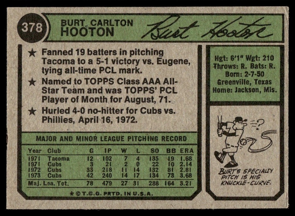 1974 Topps Baseball Card Burt Hooton Chicago Cubs #378 EX-MT | eBay