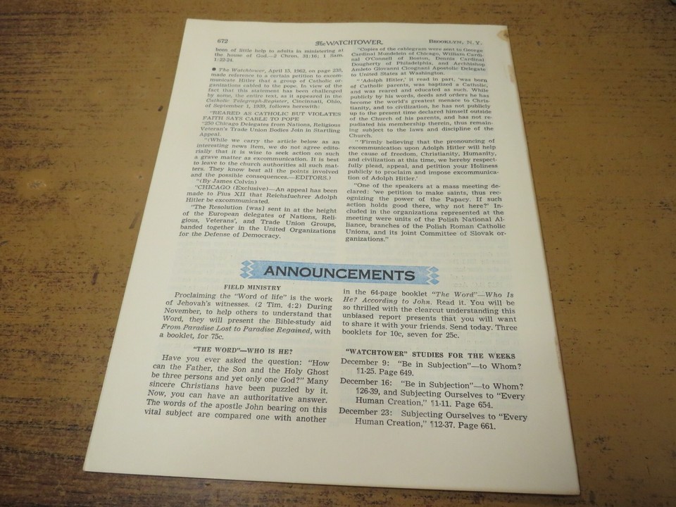 The WATCHTOWER Jehovah's Witness Journal November 1 1962 | eBay