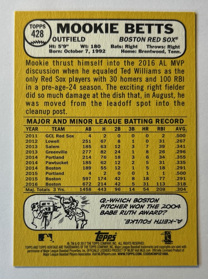 2017 Topps Heritage High Number Short Print SP MOOKIE BETTS #428 | eBay