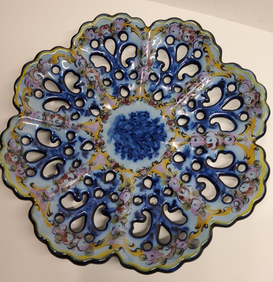 Alcobaca Vestal Hand Painted Flow Blue Pierced Platter Portugal 14 ...