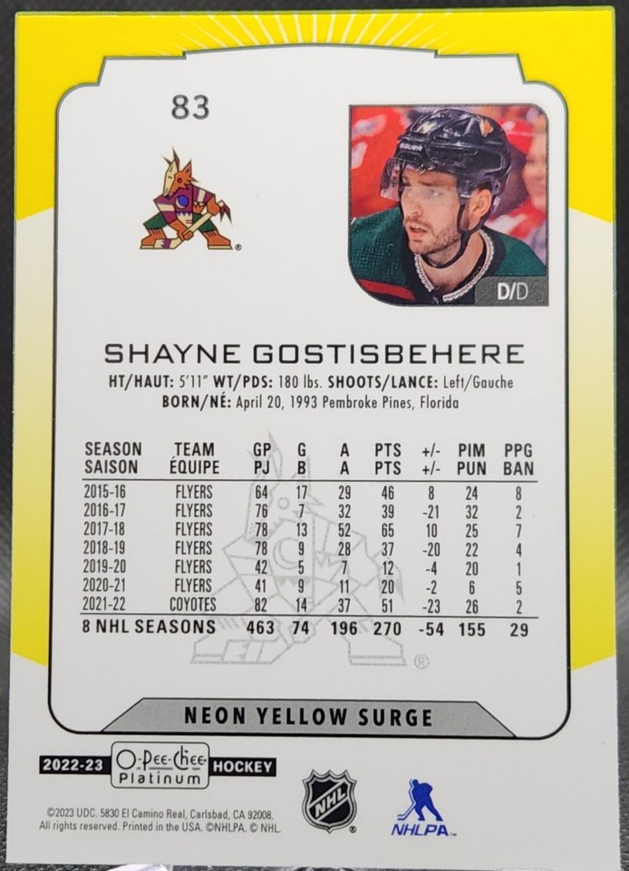 2022-23 O-Pee-Chee Platinum Shayne Gostisbehere #83 Neon Yellow Surge ...