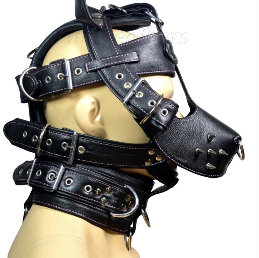 Dog Muzzle Hood with Spikes & Silver Hardware Adjustable Puppy Play ...