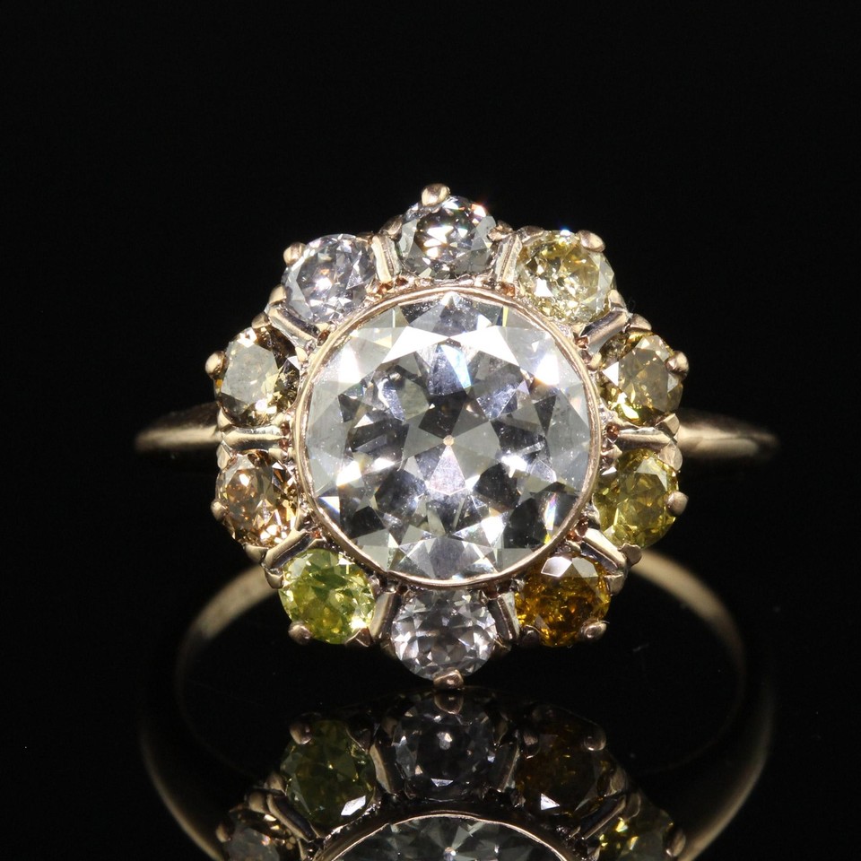 Antique Art Deco 14K Yellow Gold Old Euro Fancy Color Halo Diamond ...