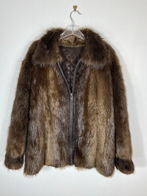 Classic BEAVER fur jacket Women's Large dark brown zipper Outstanding ...