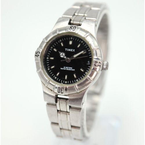 Timex Diver Style Watch 25mm Black Dial Stainless Steel Band 6.5" w New ...