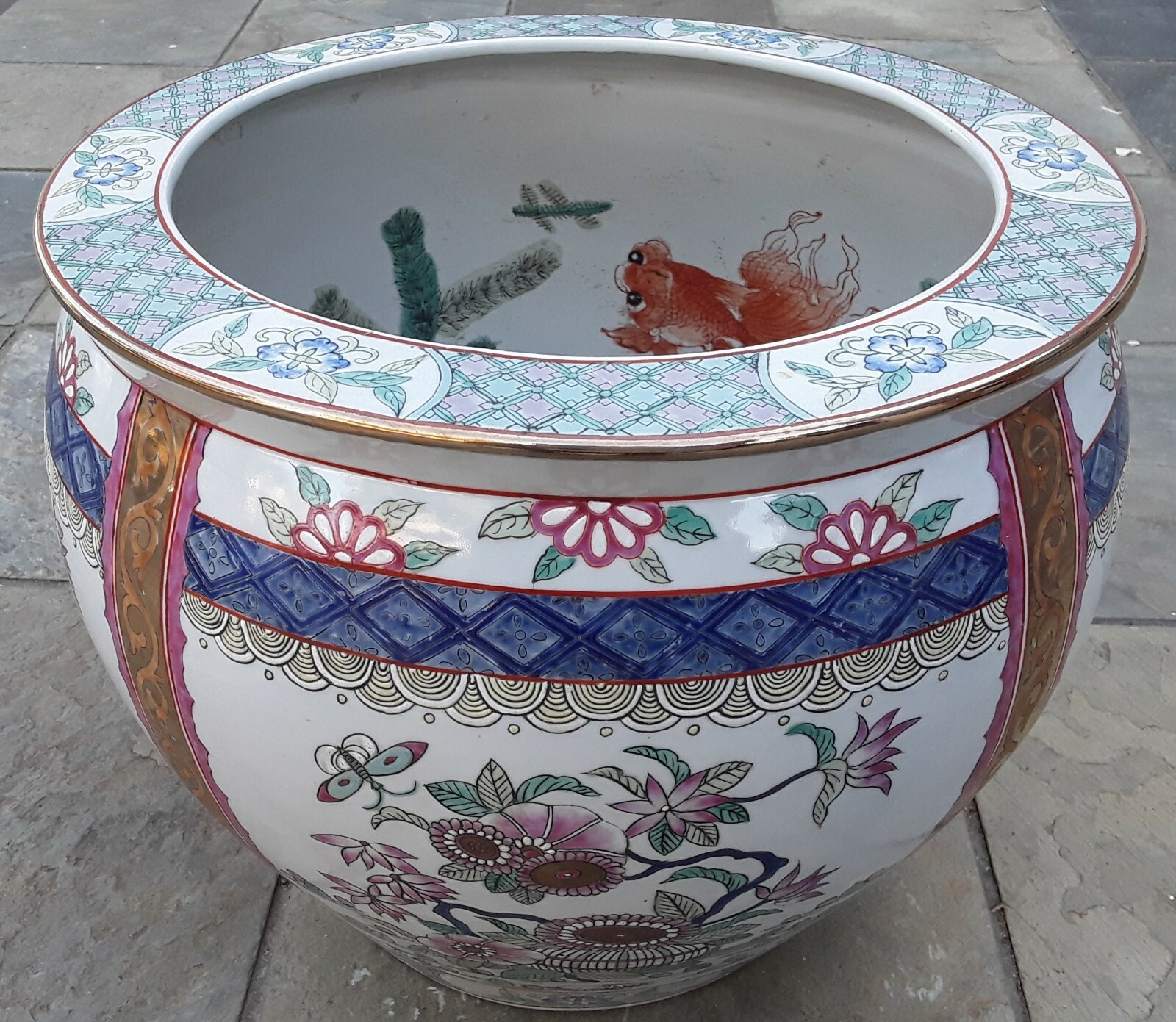 14” Chinese Porcelain Koi Fish Bowl with bottom markings, Planter Birds ...