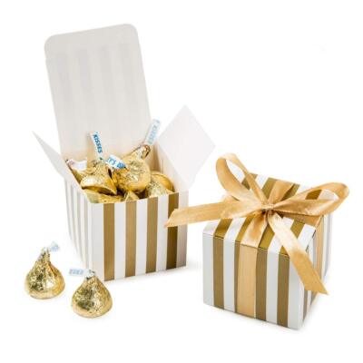 Small Candy Box Bulk 2x2x2 inch with Ribbon, Gold White Strips Box ...