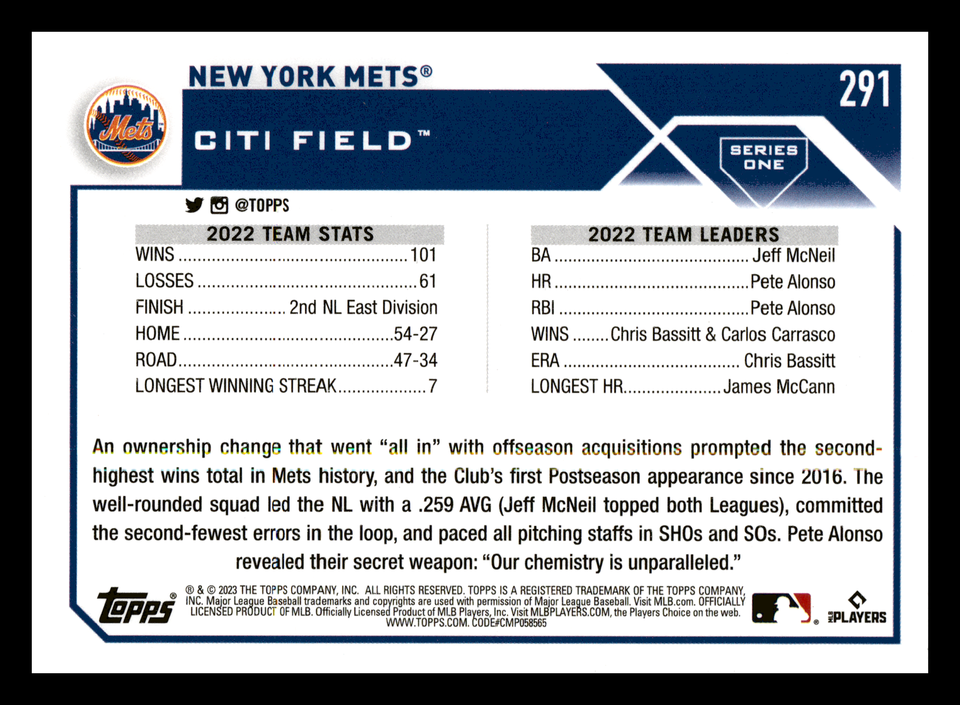 2022 Topps New York Mets Team Card Jeff McNeil #291 Baseball Centered ...