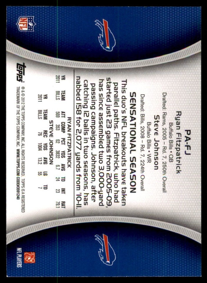 2012 Topps Paramount Pairs #PA-FJ Ryan Fitzpatrick/Steve Johnson ...