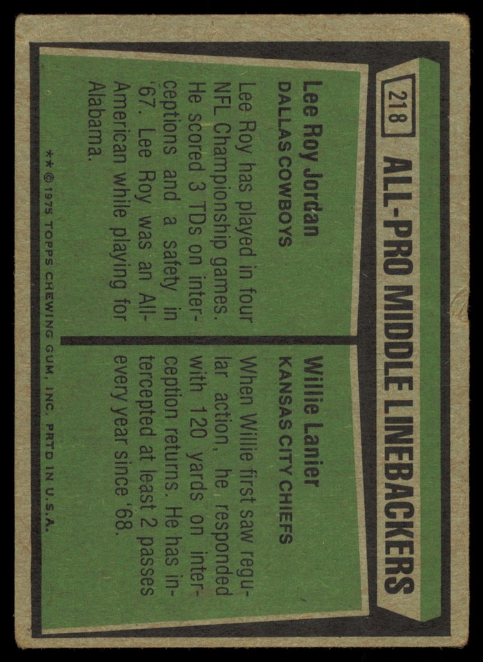 1975 Topps All-Pro Linebackers #218 Lee Roy Jordan Willie Lanier ...