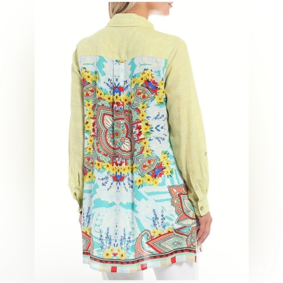 John Mark Lime Green Linen Mixed Print Button Front Shirt Top Tunic ...